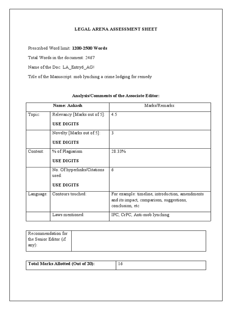 Assessing the Legal and Editorial Quality of a Document on Mob Lynching ...