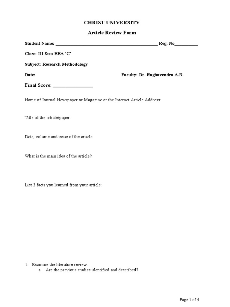 Christ University Article Review Form: Final Score | PDF | Career & Growth