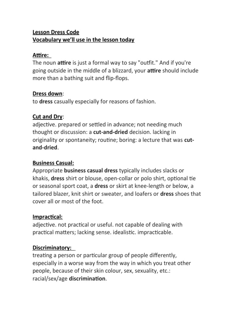 Lesson Dress Code Vocabulary We'll Use in The Lesson Today Attire | PDF ...