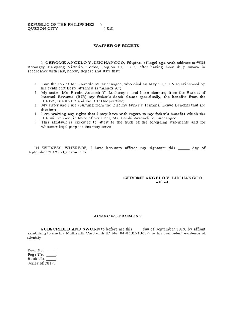 Affidavit of Waiver of Rights | PDF