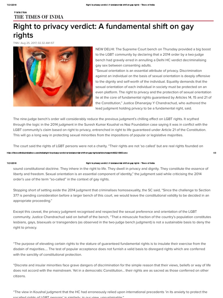 Right To Privacy Verdict A Fundamental Shift On Gay Rights Times Of 0314