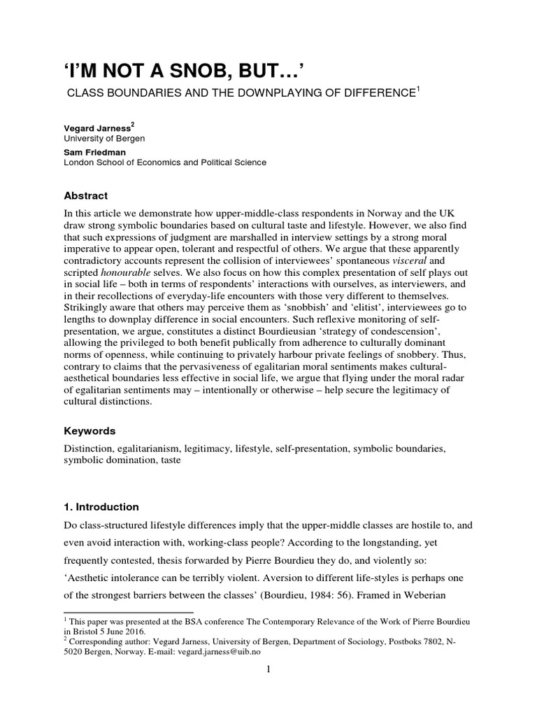 I'M Not A Snob, But ': Class Boundaries and The Downplaying of ...