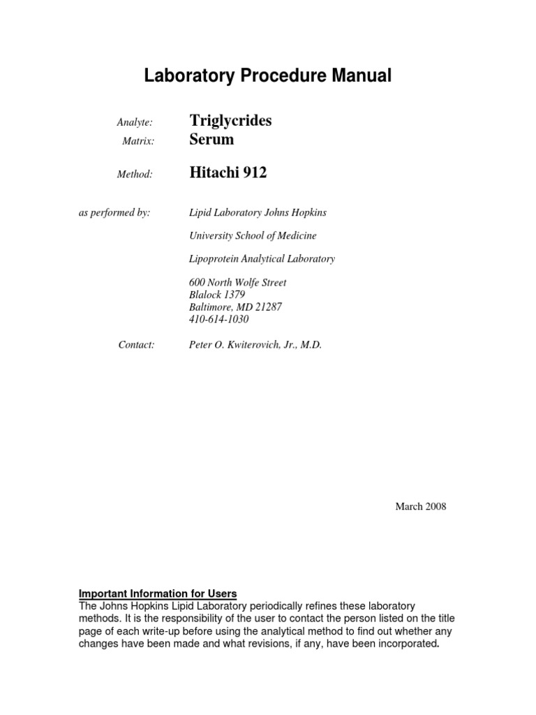Laboratory Procedure Manual: Triglycrides Serum Hitachi 912 | PDF ...