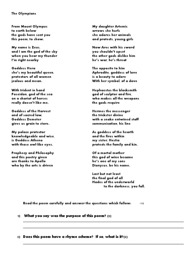 Greek Myths Poem | PDF | Twelve Olympians | Polytheism