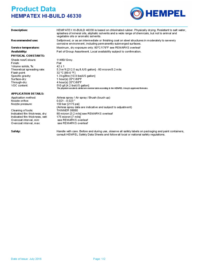 PDS Hempatex Hi-Build 46330 en-GB | PDF | Paint | Specification ...