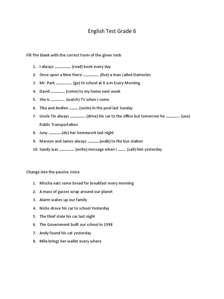 English Test Grade 6 | PDF