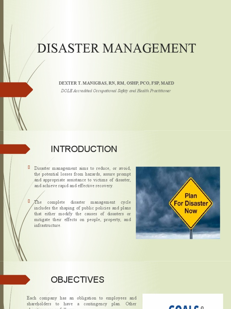 Disaster Management: Dexter T. Manigbas, RN, RM, Oshp, Pco, FSP, Maed ...