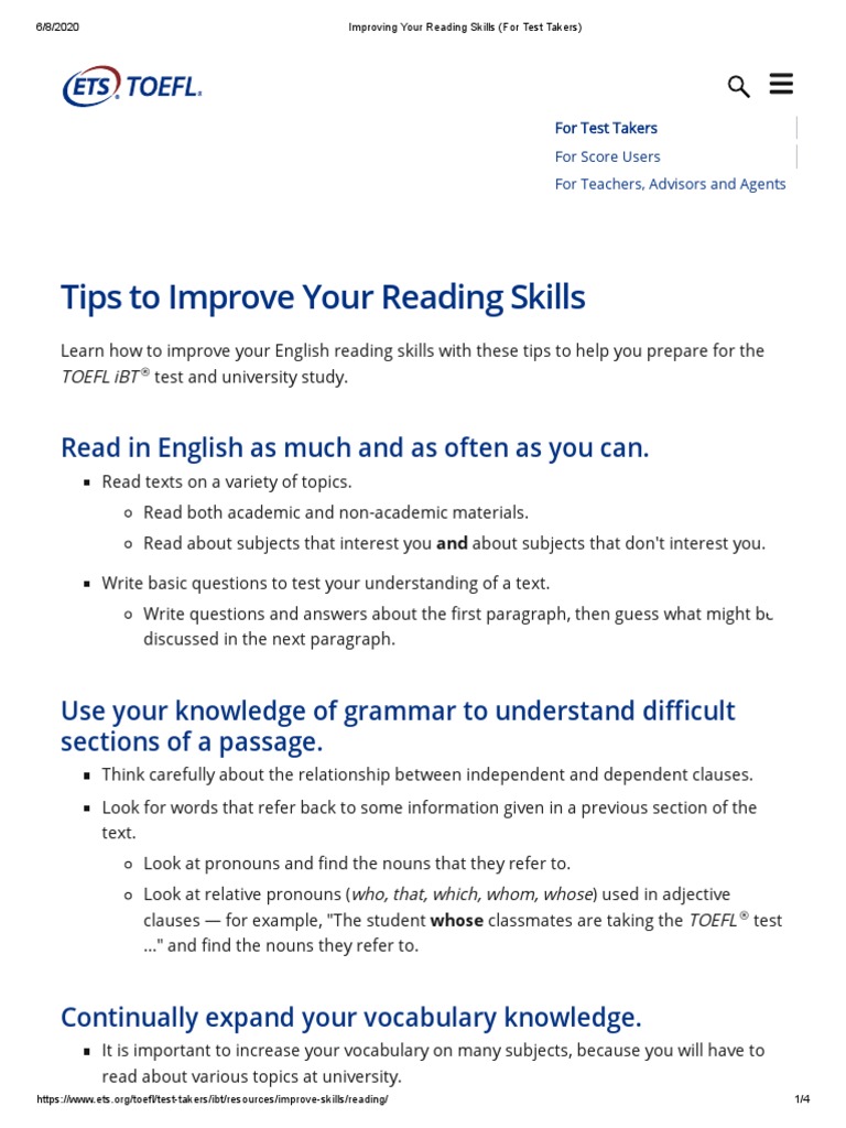 Improving Your Reading Skills (For Test Takers) | PDF | English ...