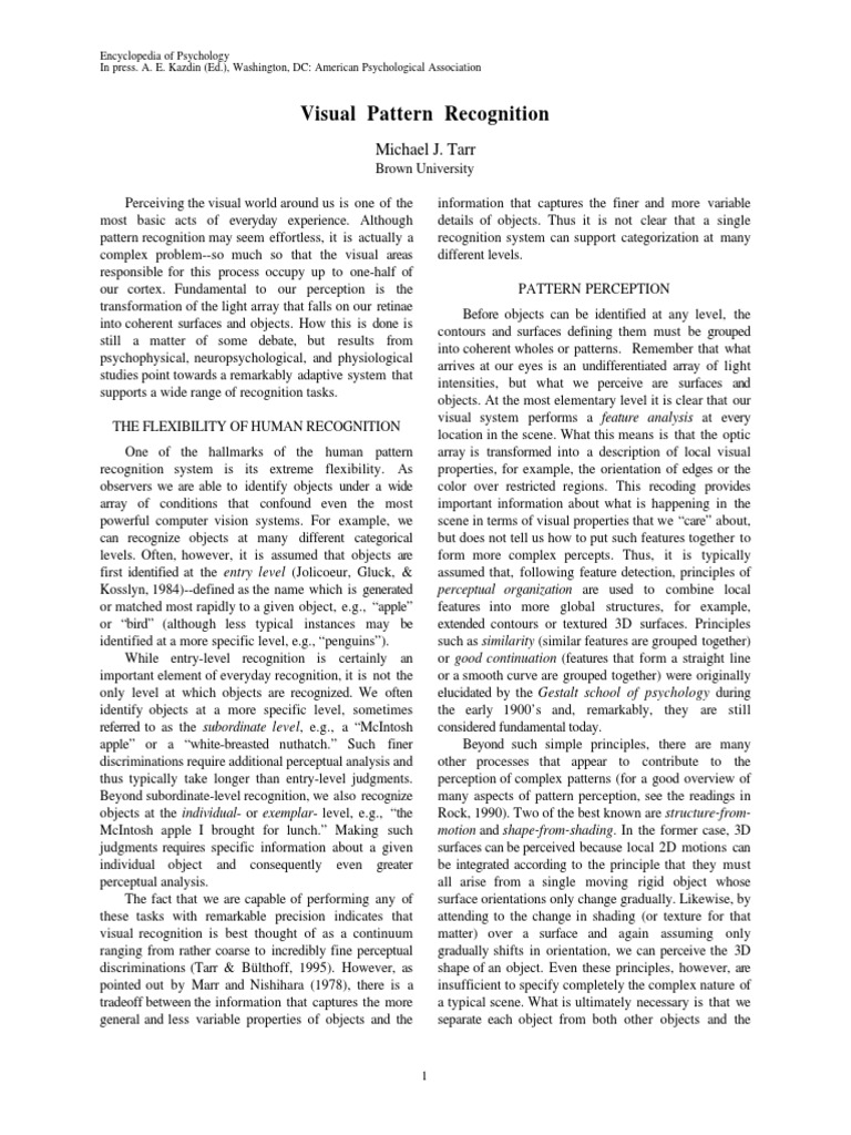 Visual Pattern Recognition: Michael J. Tarr | PDF | Perception | System