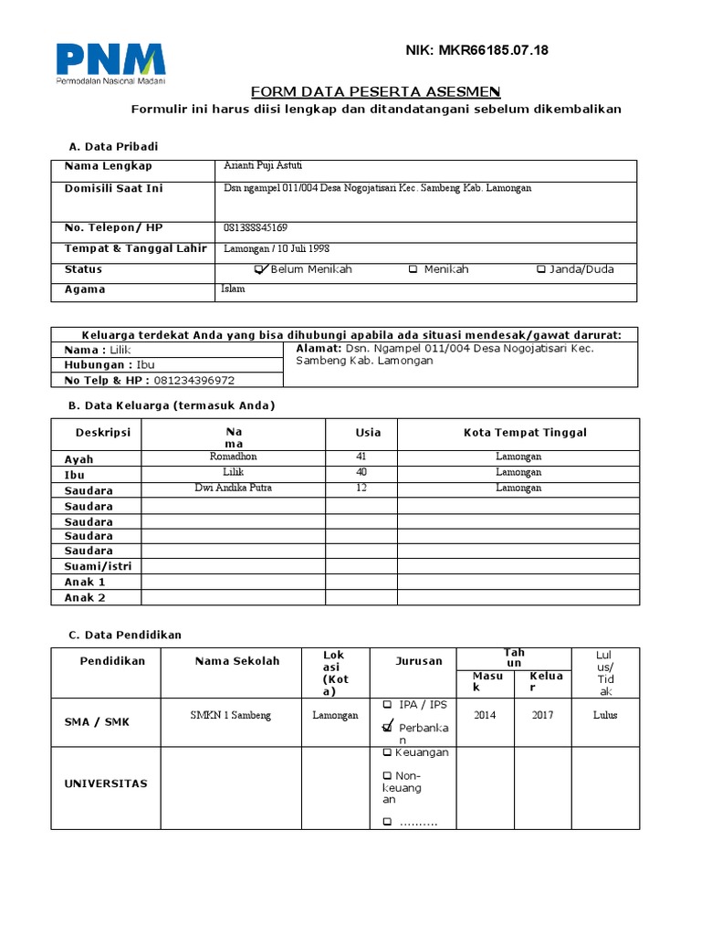 Form Data Peserta Asesmen Karyawan Mekaar | PDF