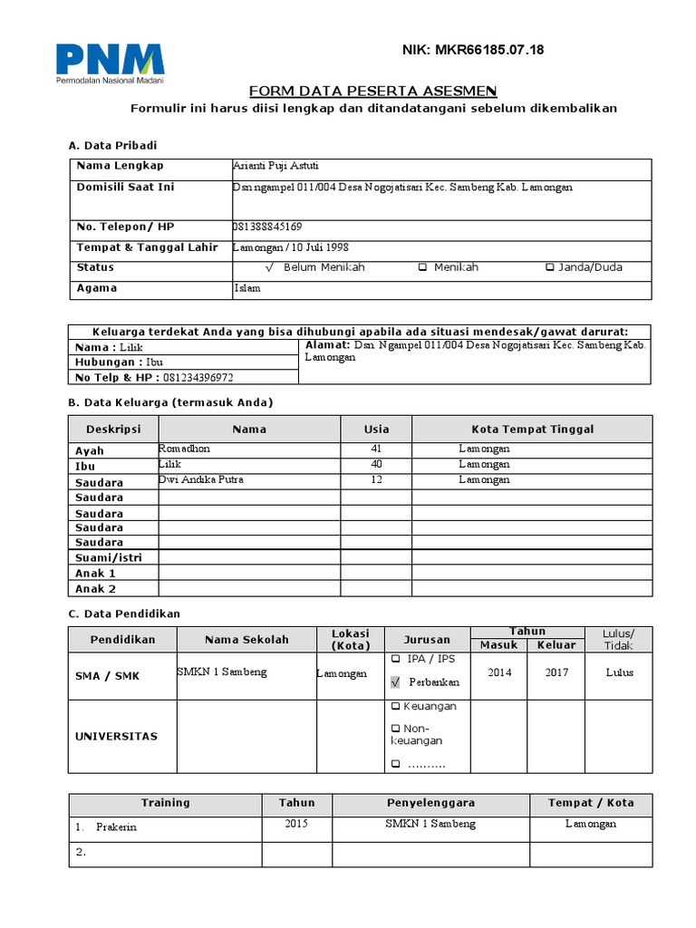 Form Data Peserta Asesmen Karyawan Mekaar | PDF