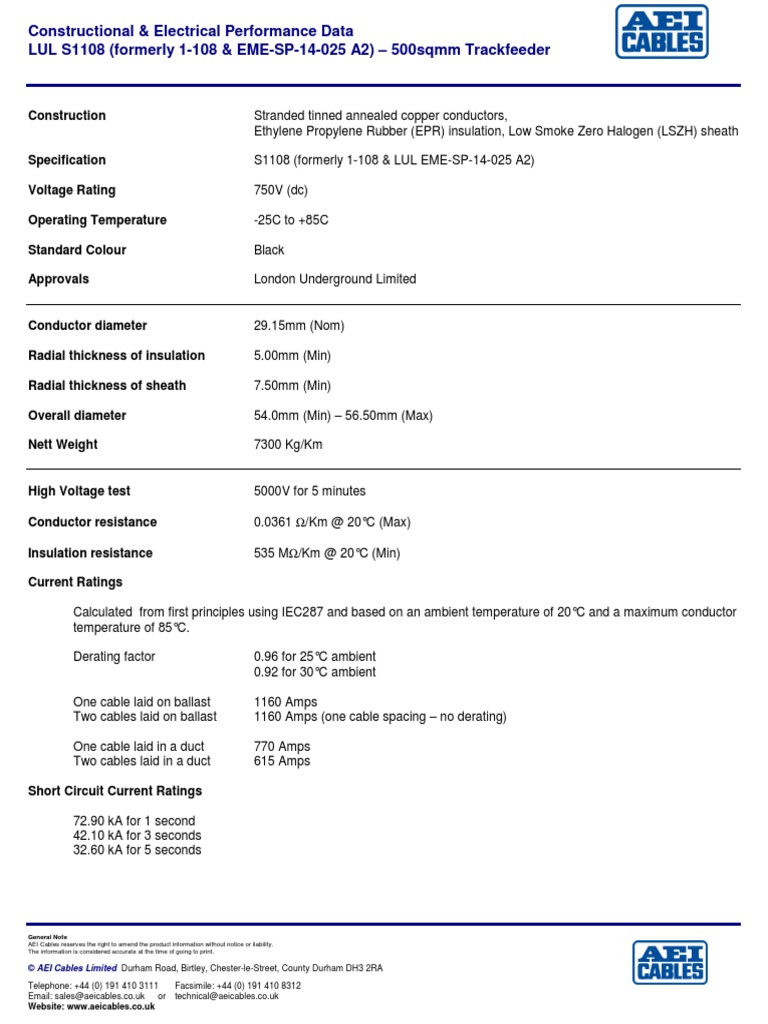 Constructional & Electrical Performance Data LUL S1108 (Formerly 1-108 ...