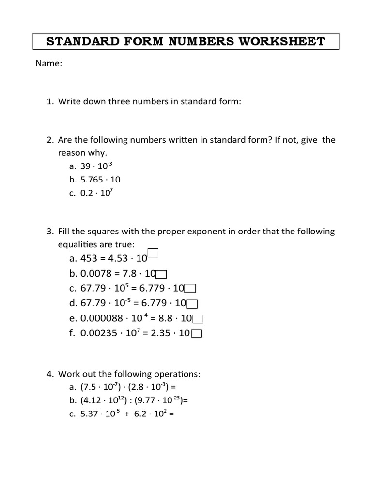 Standard Form Numbers Worksheet | PDF