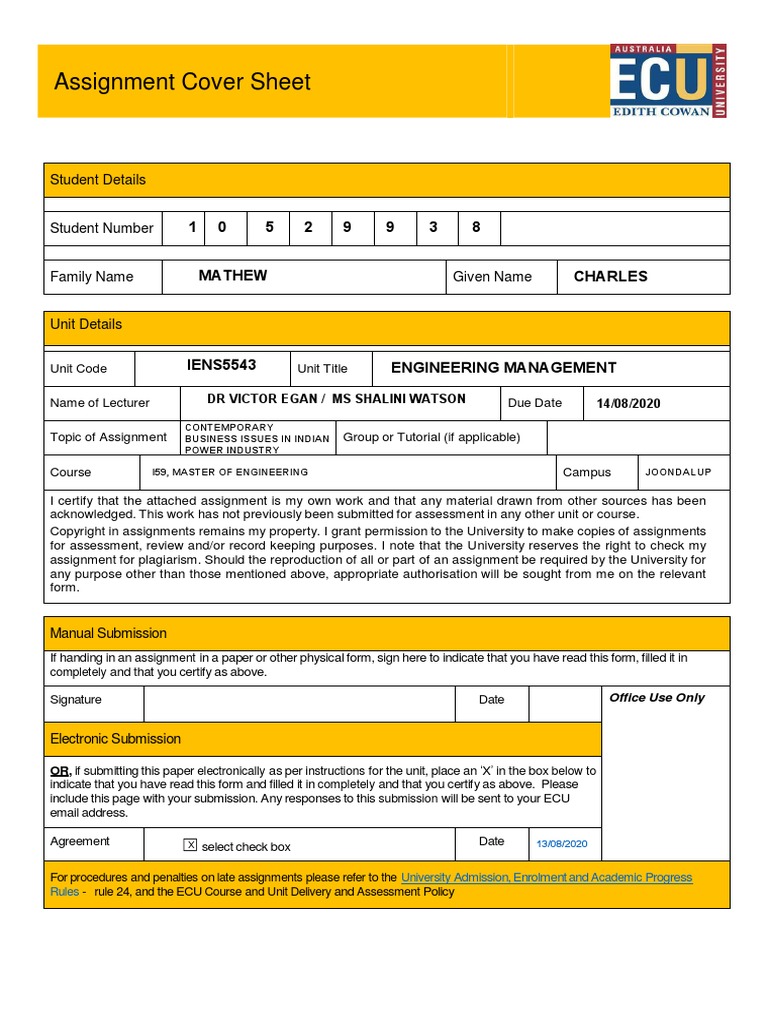 Assignment Cover Sheet: 1 0 5 2 9 9 3 8 Mathew Charles | PDF