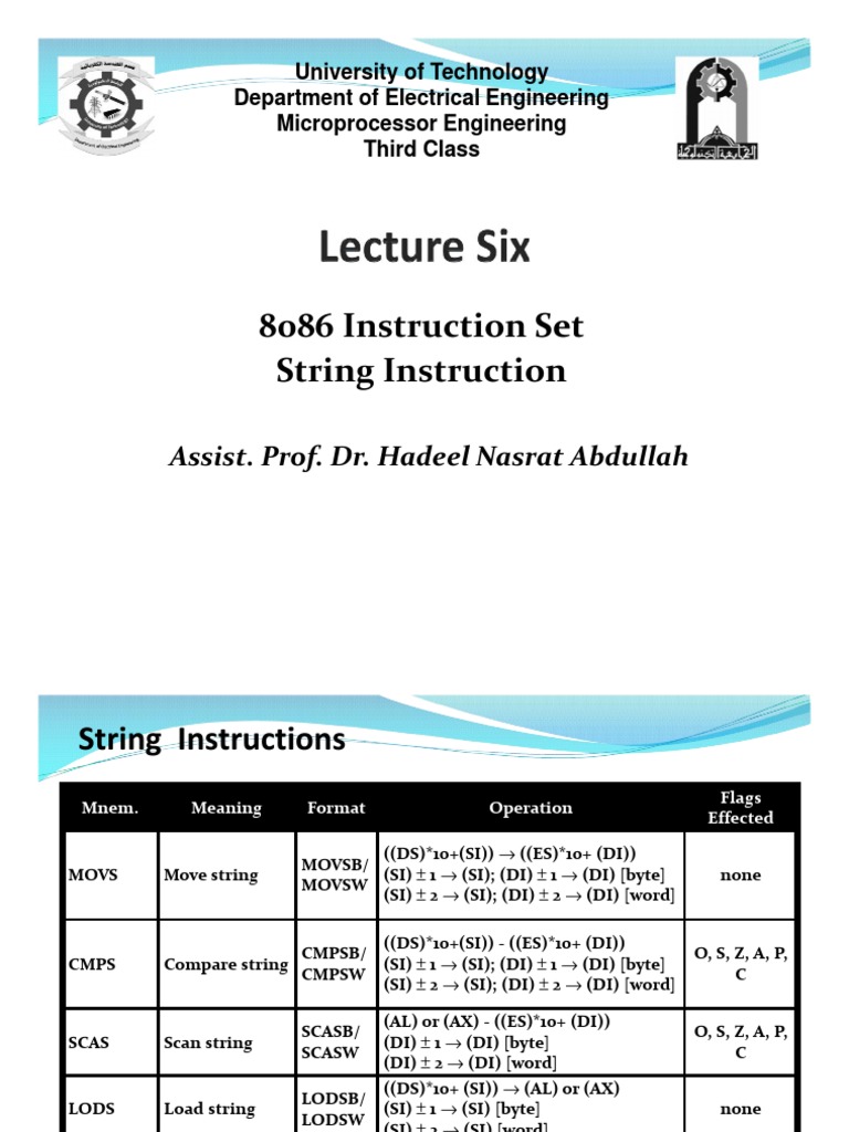 8086 Instruction Set String Instruction: Assist. Prof. Dr. Hadeel Nasrat Abdullah | PDF | String ...