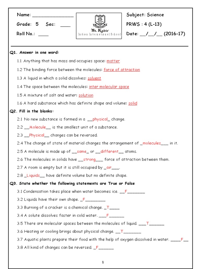 Name: - Subject: Science Grade: 5 Sec: PRWS: 4 (L-13) Roll No.: Date ...