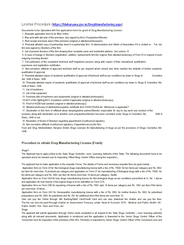 Procedure To Obtain Drug Manufacturing License (Fresh) | PDF | License ...