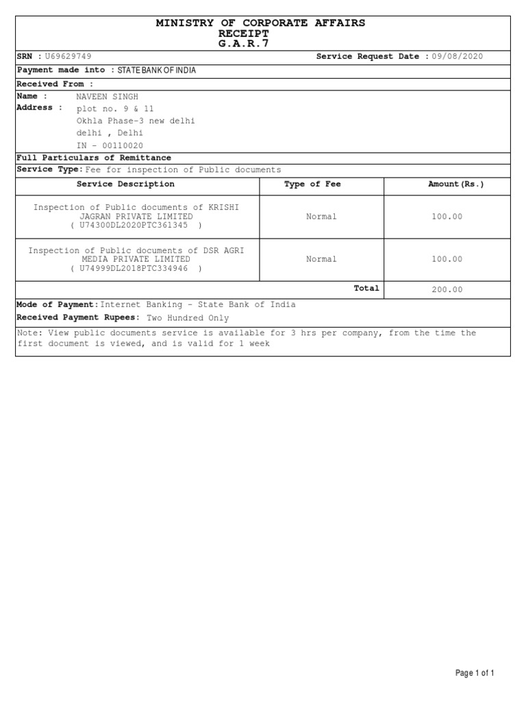 MCA Payment Receipt for Document Inspection | PDF