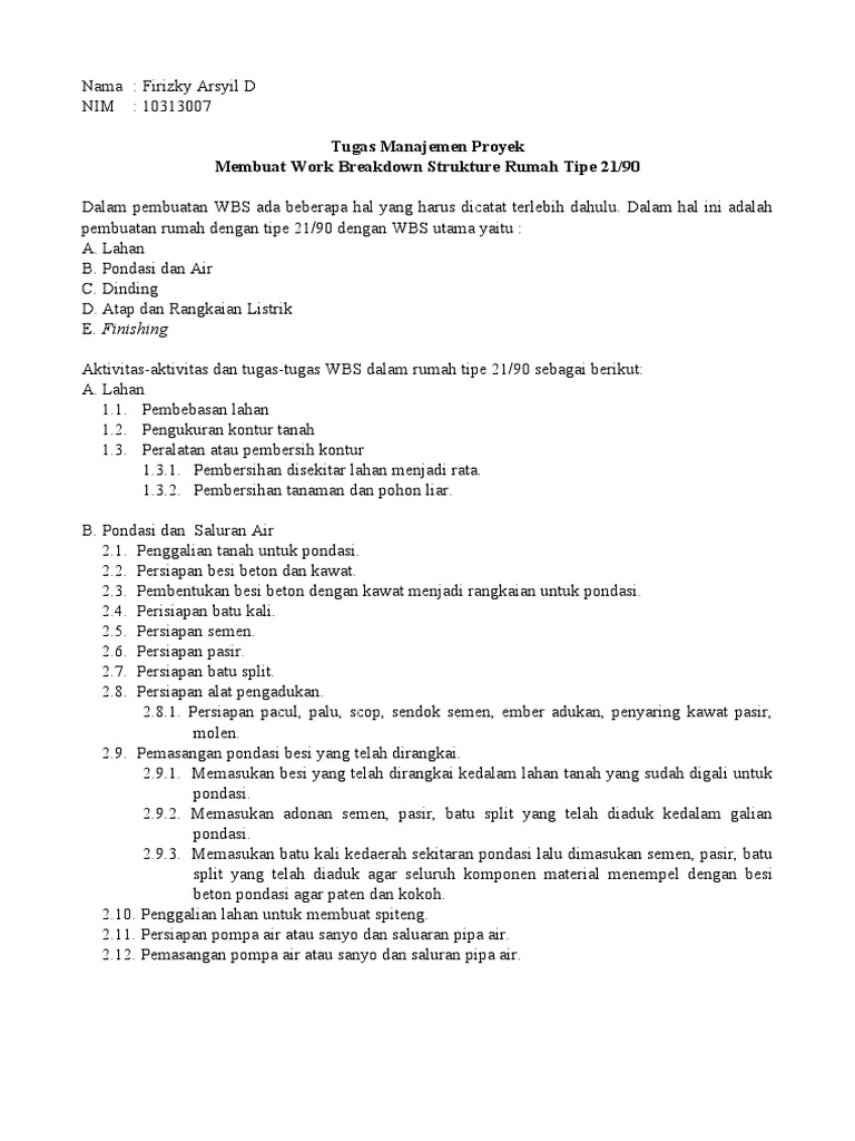 Tugas Membuat WBS Rumah Tipe 21 | PDF