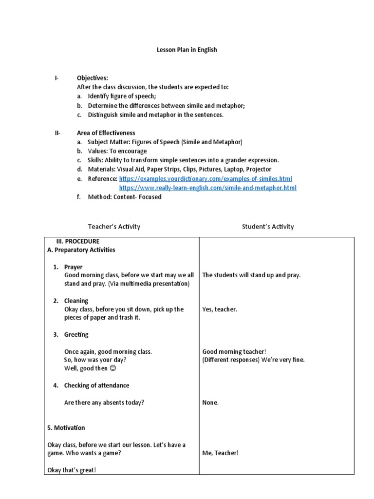 Lesson Plan in English: Teacher's Activity Student's Activity | PDF ...