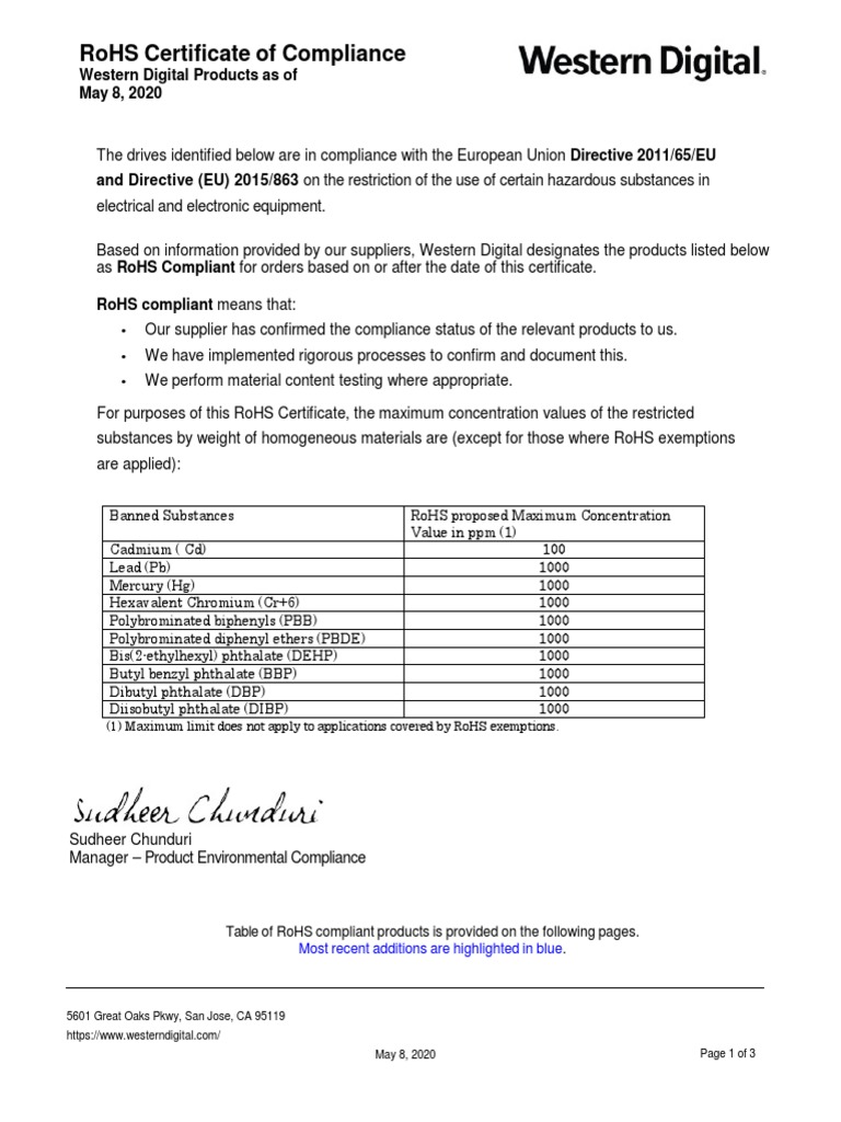 Rohs Certificate of Compliance: Western Digital Products As of May 8 ...