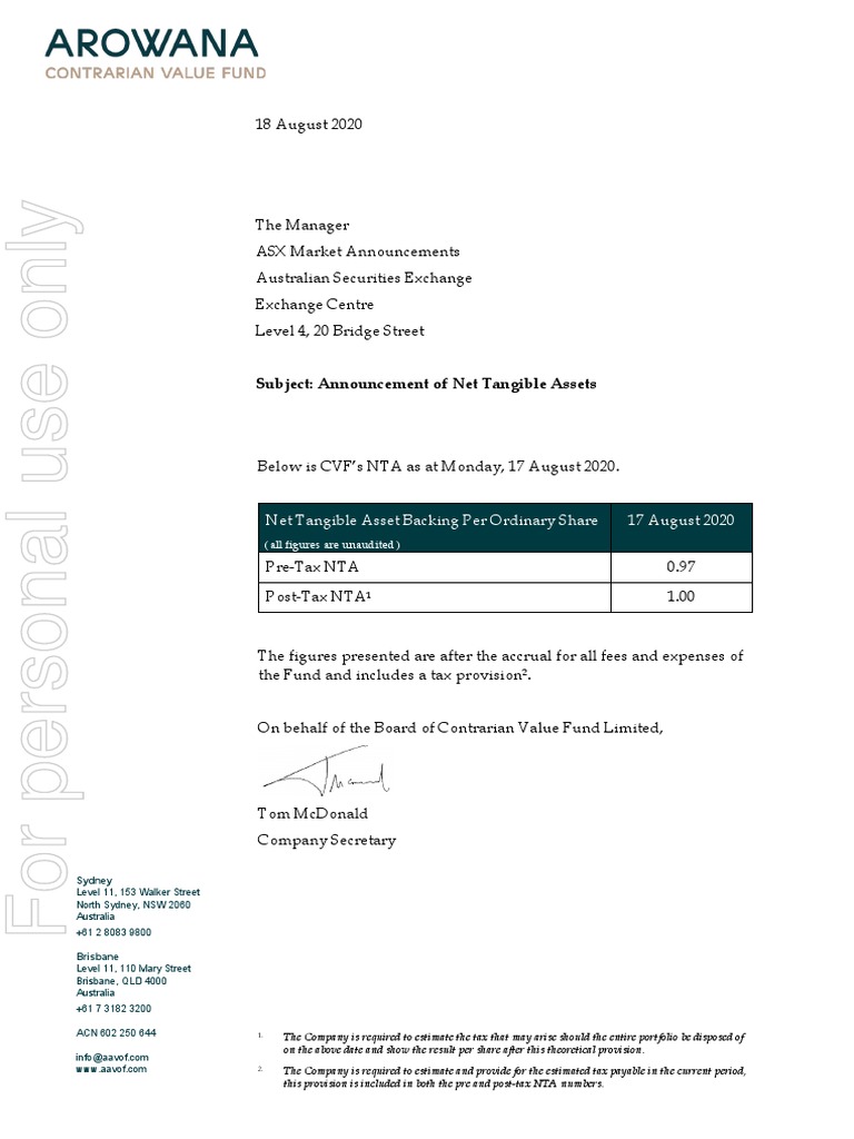 Subject: Announcement of Net Tangible Assets: Net Tangible Asset ...