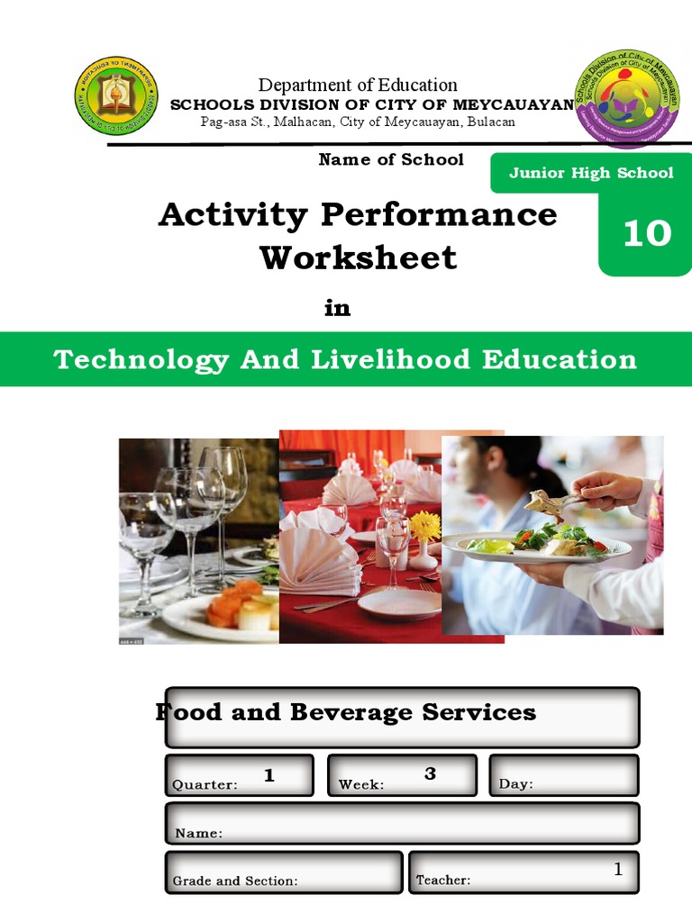 Activity Performance Worksheet: Technology and Livelihood Education ...