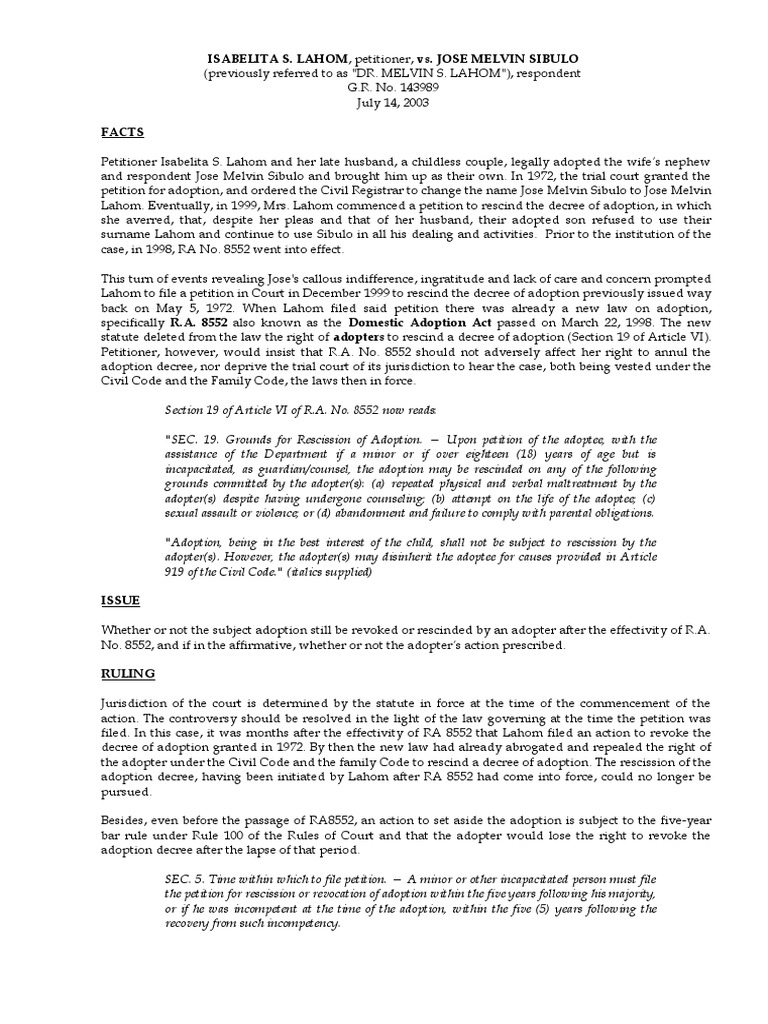 Lahom vs. Sibulo | PDF | Repeal | Adoption