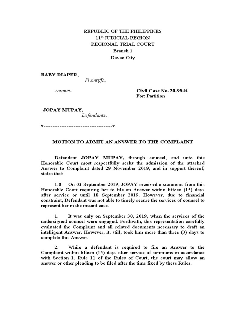 Motion to Admit Answer to Complaint | PDF | Complaint | Legal Procedure
