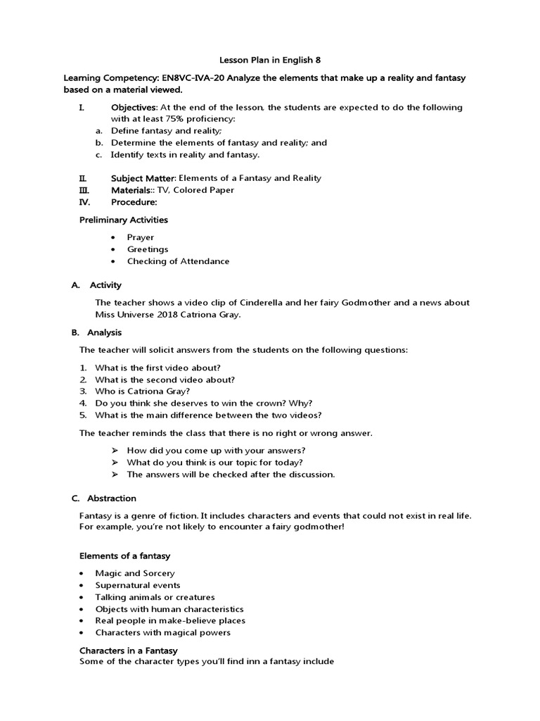 Lesson Plan in Fantasy Vs Reality | PDF | Fantasy | Reality