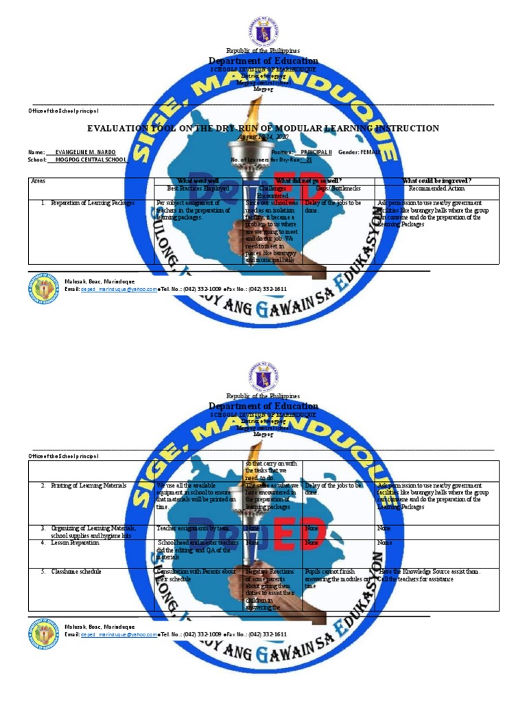 Sdo Marinduque Evaluation Tool On The Dry Run | PDF | Learning | Behavior Modification