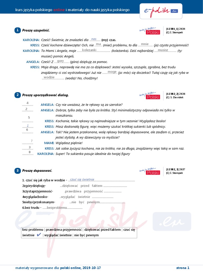 KPK 1 Lekcja 23 B (Bez Wiem, Znam) - Ćwiczenia | PDF