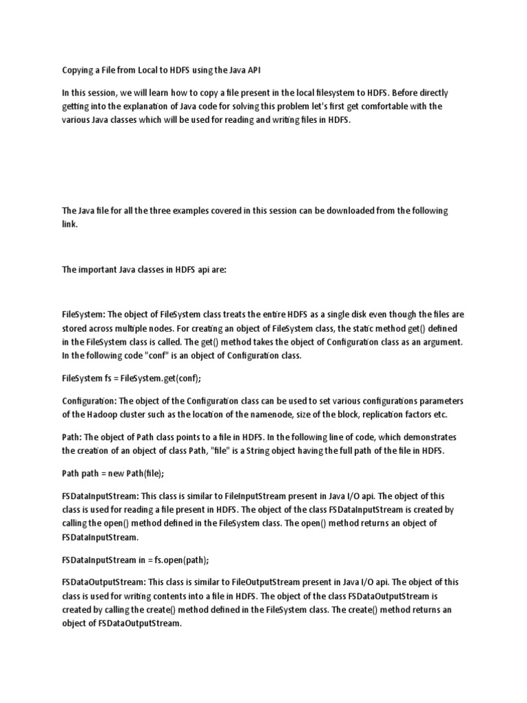 Copying A File From Local To Hdfs Using The Java Api Pdf Apache Hadoop File System