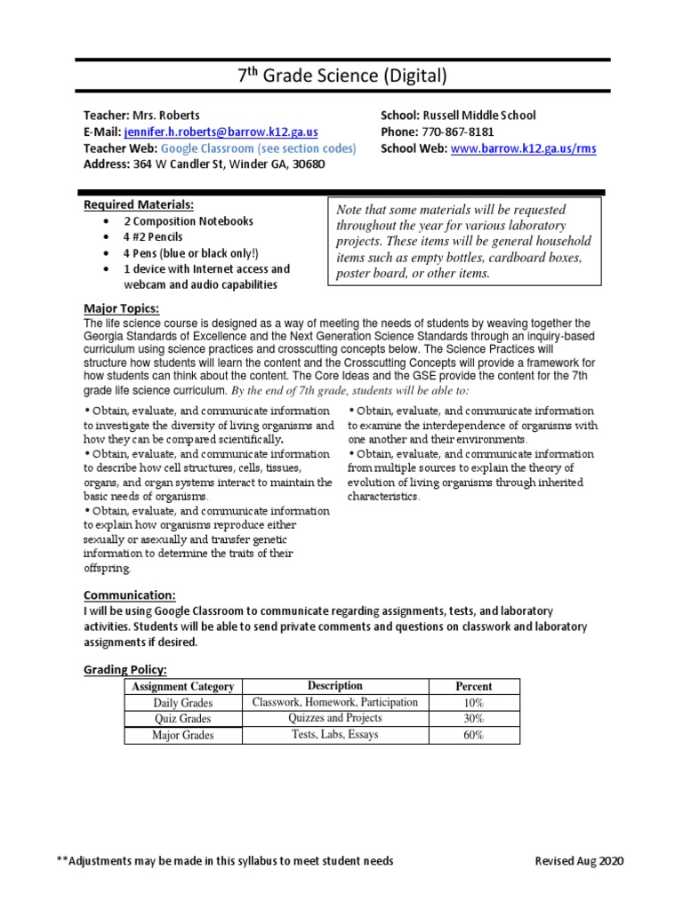 Syllabus 7th Grade Science Digital Revised Hudd | PDF | Test ...