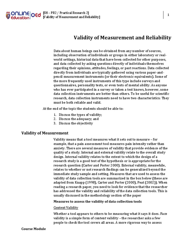 Lesson 15 Validity of Measurement and Reliability PDF | PDF | Validity (Statistics) | Psychometrics