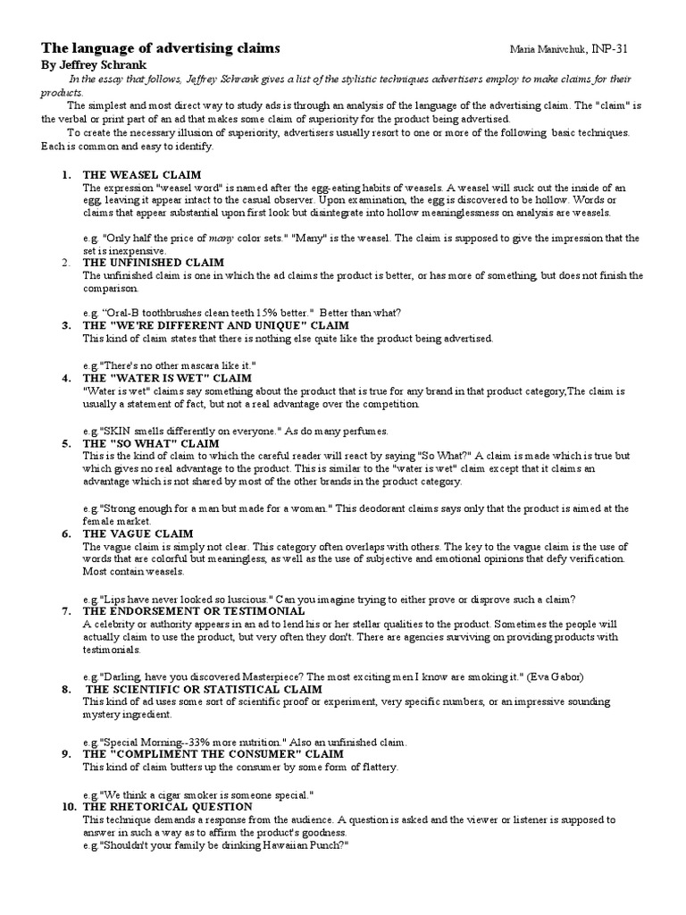 The Language of Advertising Claims Maria Manivchuk | PDF | Communication