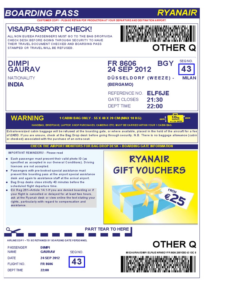 Ryanair Boarding Pass | PDF | Airport | Aviation