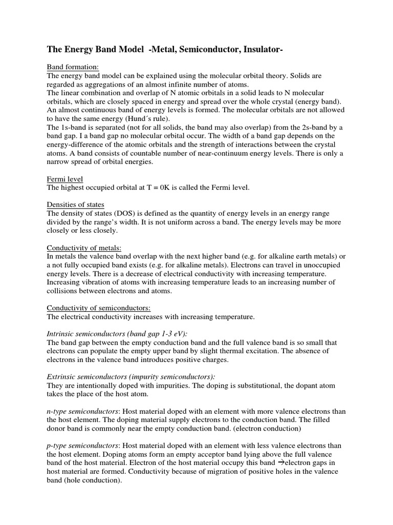 The Energy Band Model - Metal, Semiconductor, Insulator | PDF | Doping ...