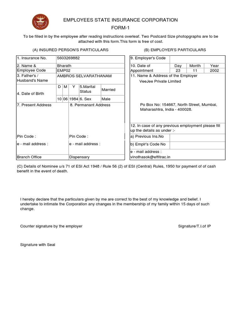 Employees State Insurance Corporation Form 1 Pdf Government Business