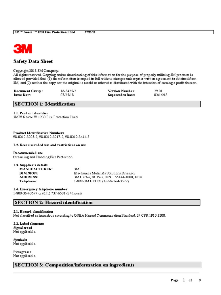 Safety Data Sheet: 3M™ Novec ™ 1230 Fire Protection Fluid | PDF ...