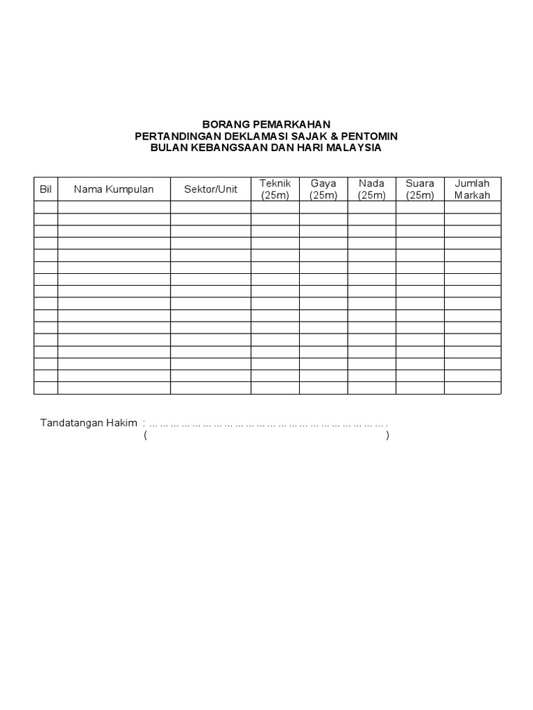 BORANG - PEMARKAHAN - PERTANDINGAN - DEKLAMASI SAJAK Baru | PDF