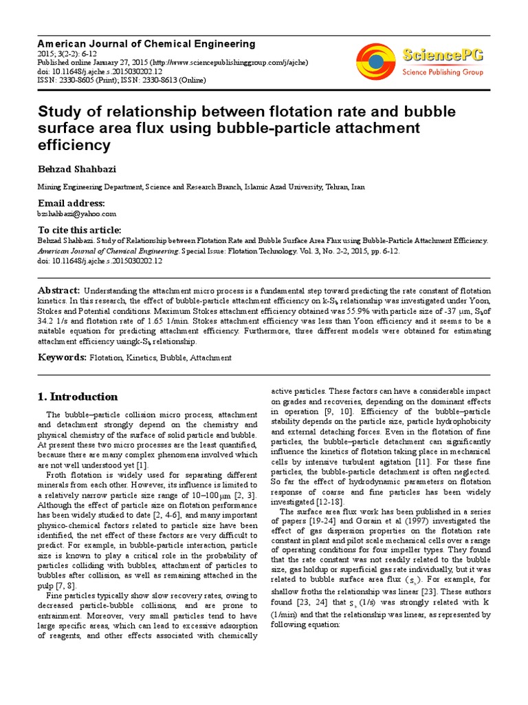 Study of Relationship Between Flotation Rate and Bubble Surface Area Flux Using Bubble-Particle ...