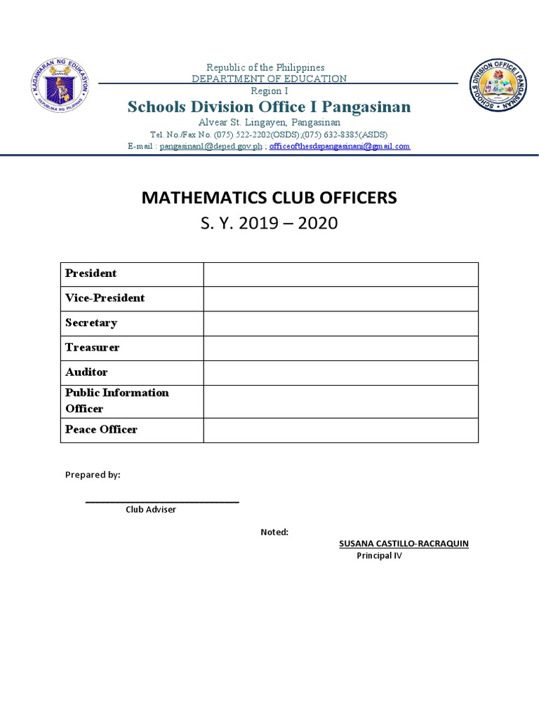Mathematics Club Officers: Schools Division Office I Pangasinan | PDF