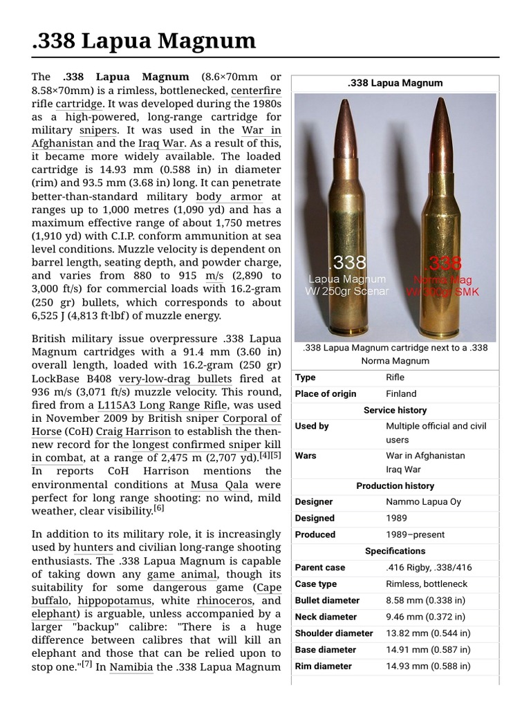 .338 Lapua Magnum - Wikipedia PDF | PDF | Military Technology | Projectiles