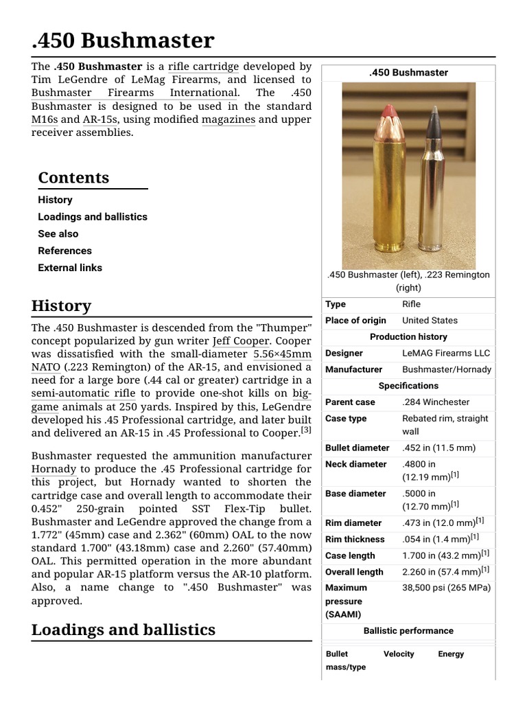 .450 Bushmaster - Wikipedia PDF | PDF | Projectiles | Ammunition