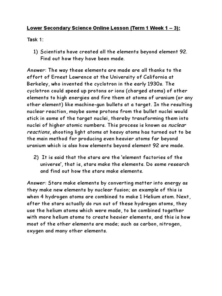 Lower Secondary Science Online Lesson | PDF | Chemical Elements | Atoms