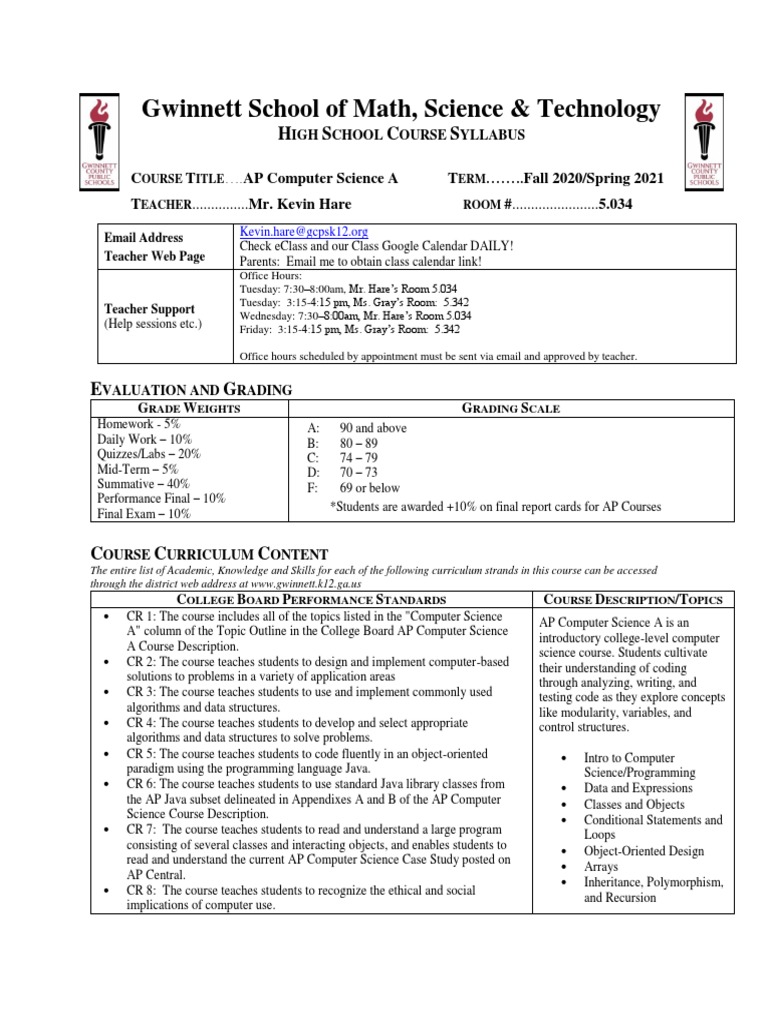 APCSA Syllabus (Hare) | PDF | Object (Computer Science) | Class (Computer Programming)
