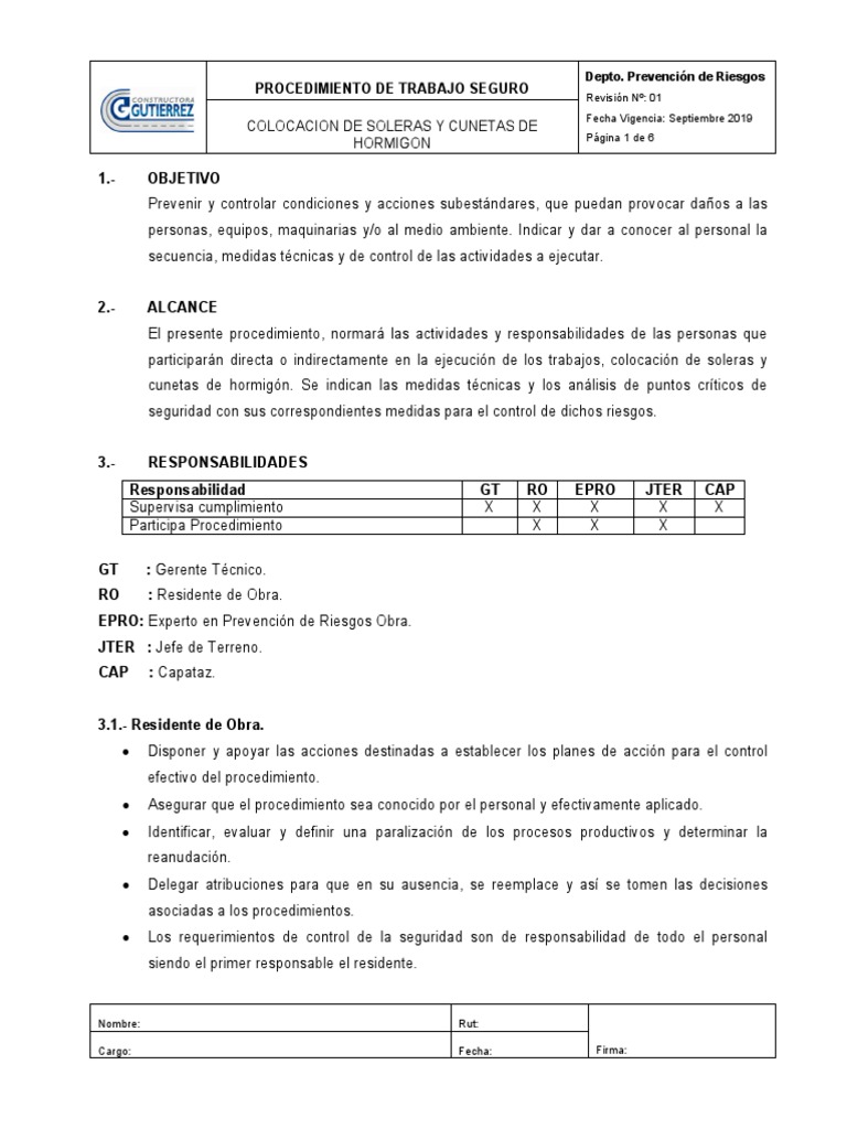Procedimiento Seguro: Soleras y Cunetas | PDF | Seguridad y salud ocupacional | Naturaleza