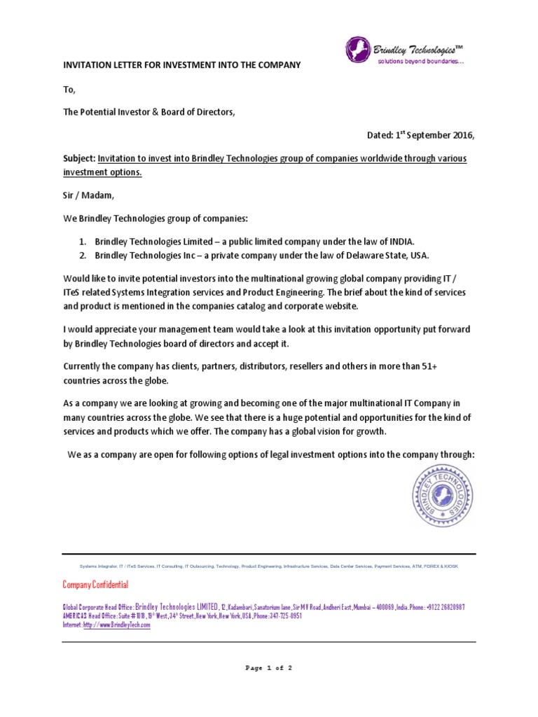 Invitation Letter For Investment Into The Company | PDF | Outsourcing ...
