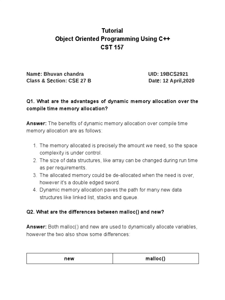Tutorial Object Oriented Programming Using C++ CST 157 | PDF | Pointer (Computer Programming ...